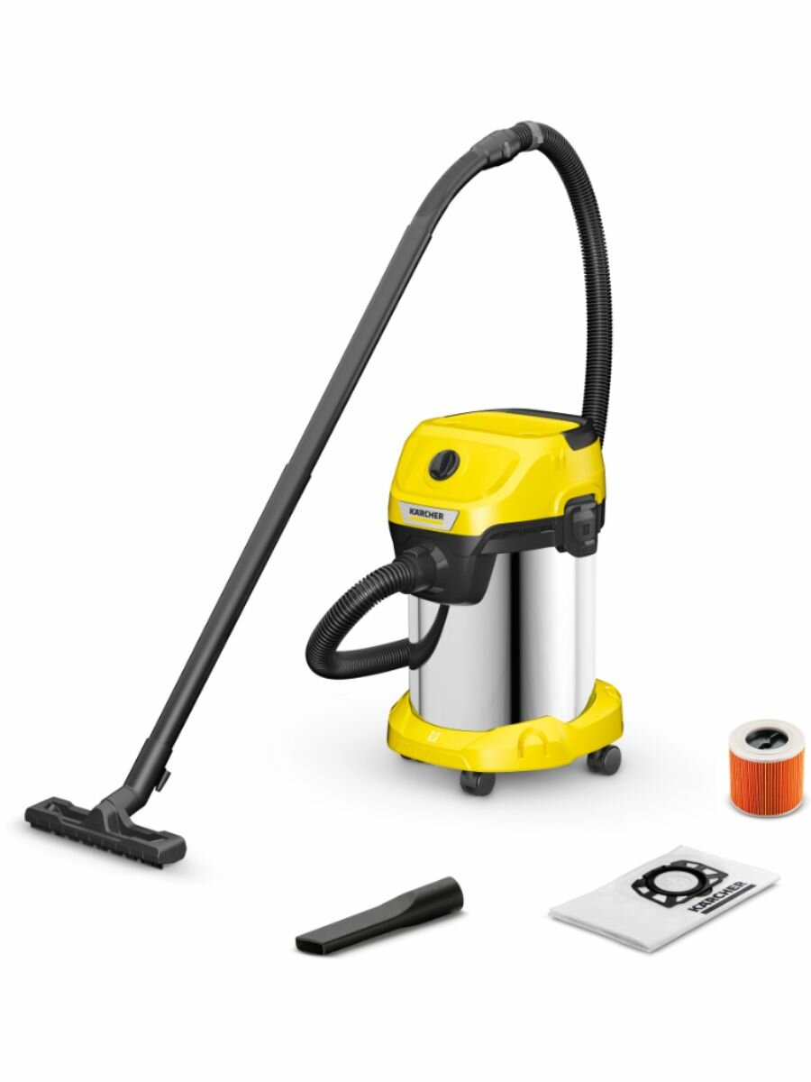 Пылесос Karcher WD 3 S V-19/4/20 (YSY) хозяйственный, сухая уборка, сбор жидкости, 1000 Вт, желтый/черный/серебристый (1.628-141.0)