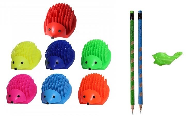 Настольная подставка для ручек "Ежик", ассорти (7 шт.) +подарок карандаш для правшей "DeVente" с углублениями ( 2 шт. ) и насадка-тренажер "дельфин