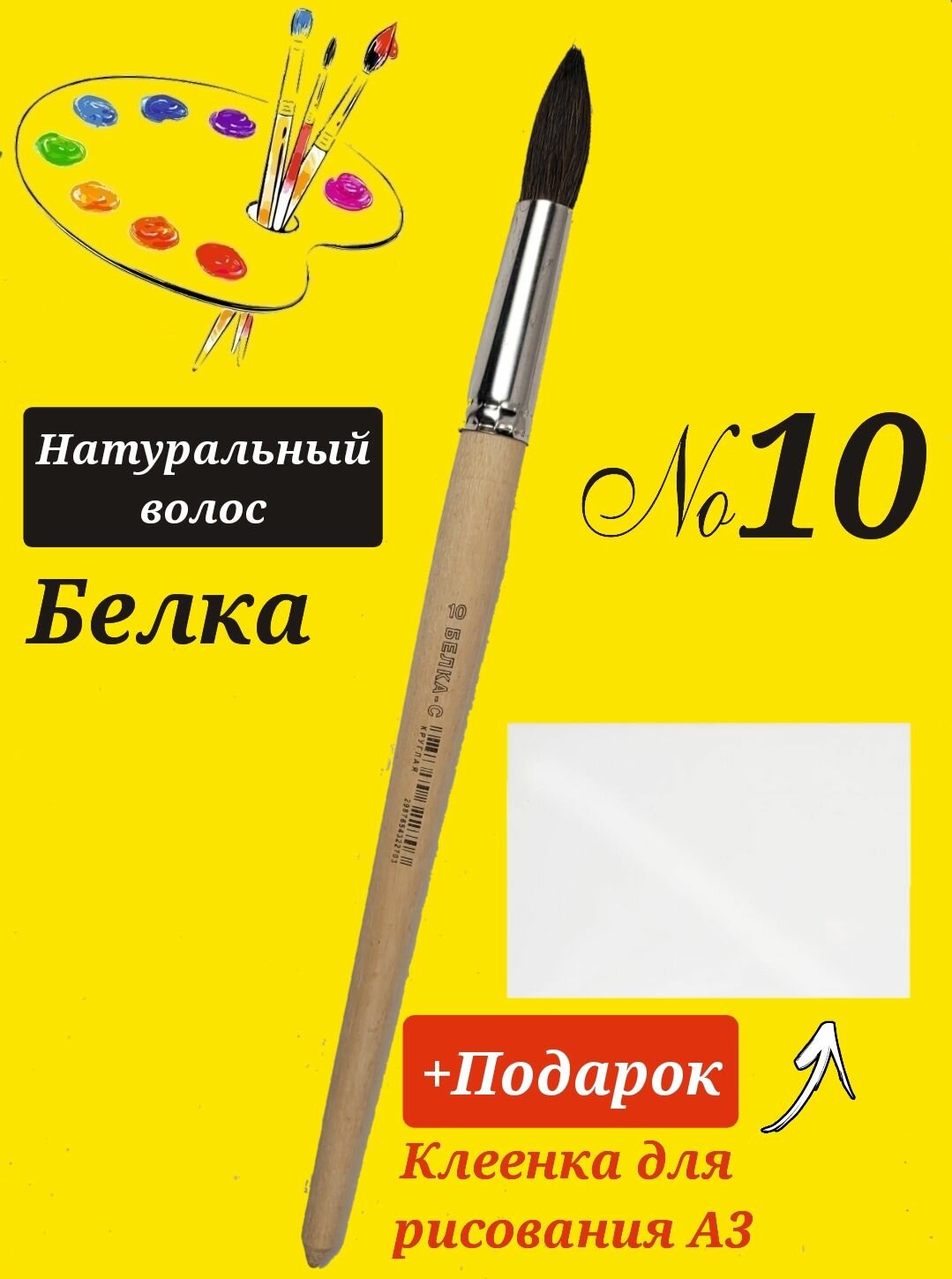 Кисть художественная Белка №10 натуральный волос + подарок клеенка для труда формат А3