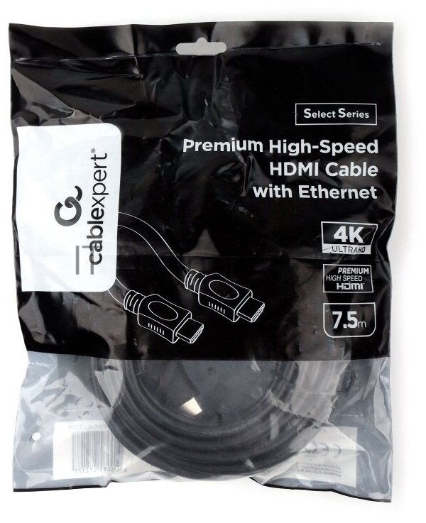 Кабель Hdmi Cablexpert, 7.5м, v2.0, 19M/19M, серия Light, черный, позол. разъемы, экран Cablexpert Cc
