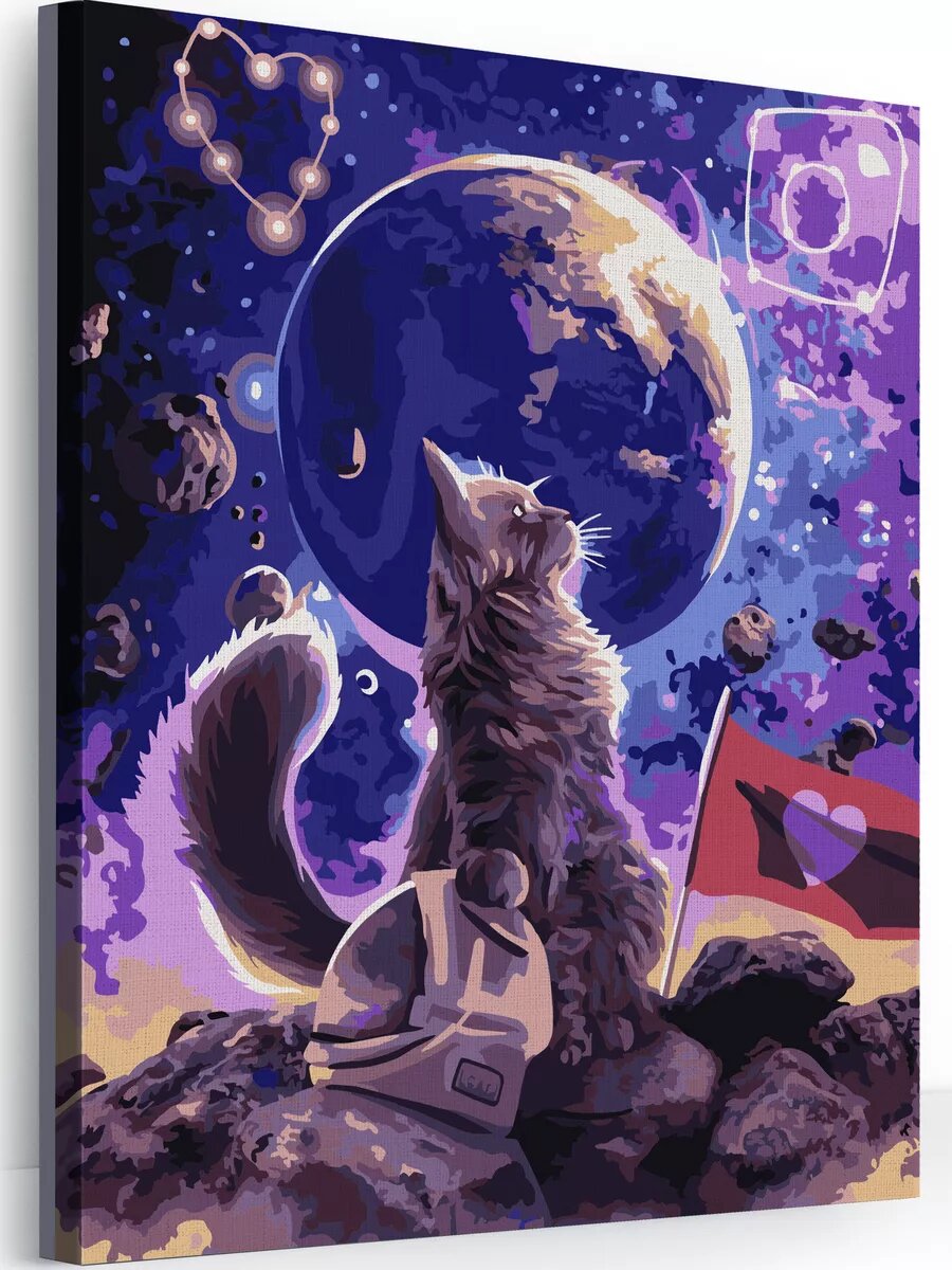 Картина по номерам на холсте с подрамником 40х50 см Котик в космосе