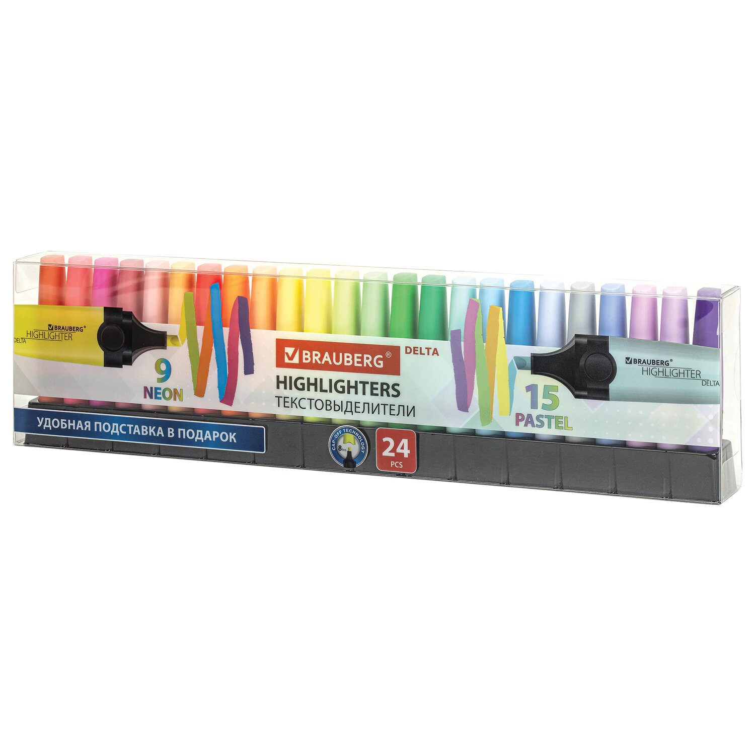 Упаковка 2 шт. Набор текстовыделителей 24 цвета на подставке, BRAUBERG "DELTA", 15 пастельных цветов + 9 неоновых цветов, линия 1-5 мм, 152506