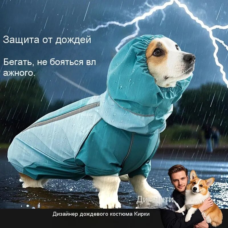 Полный непромокаемый дождевик-попона для корги и такс, 15000мм, с капюшоном и защитой живота, светоотражающие элементы, Размер XXL