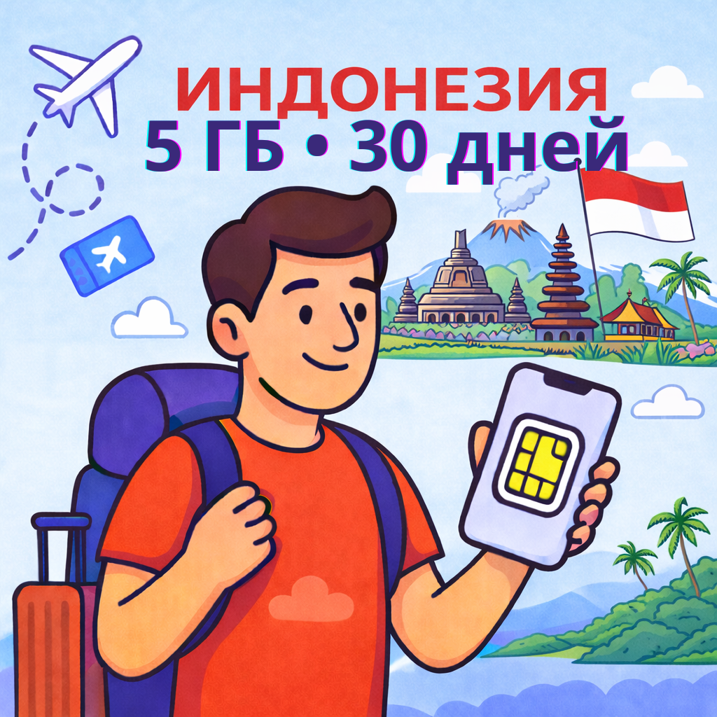 ESIM Индонезия • Интернет • 5 ГБ на 30 дней • 5G/4G • Для телефона и планшета