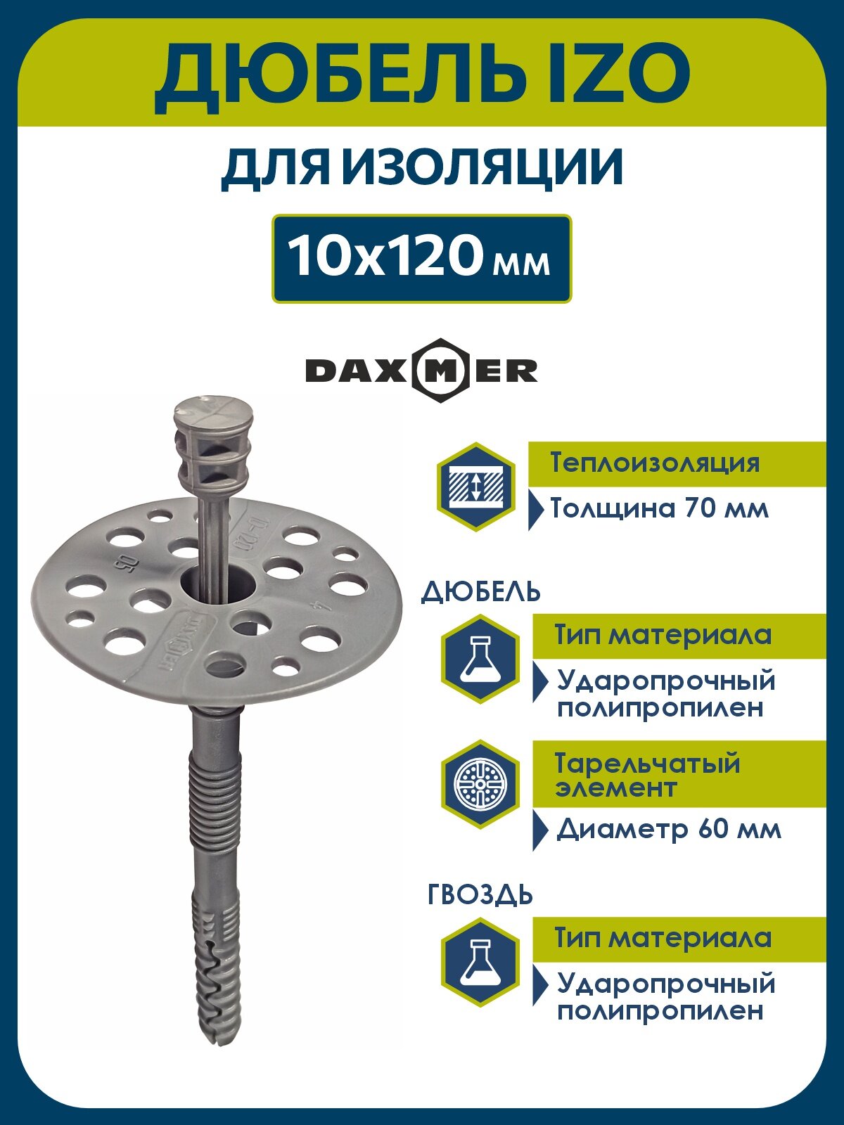 Дюбель для изоляции Daxmer 10х120 с пластиковым гвоздем (30 шт)