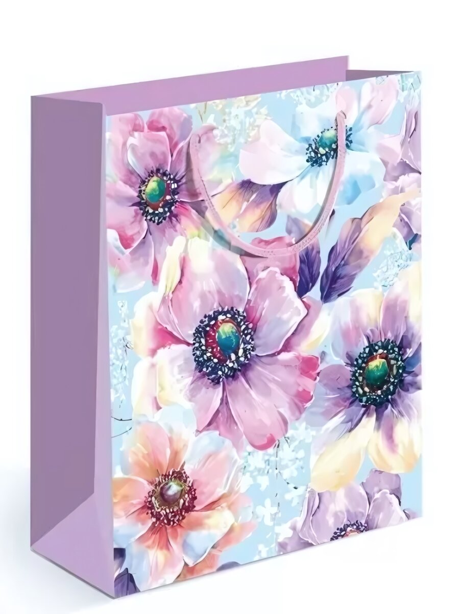 Пакет подарочный M 18x22,7x10 см "Сиреневые цветы", бумажный, с ручками-шнурами