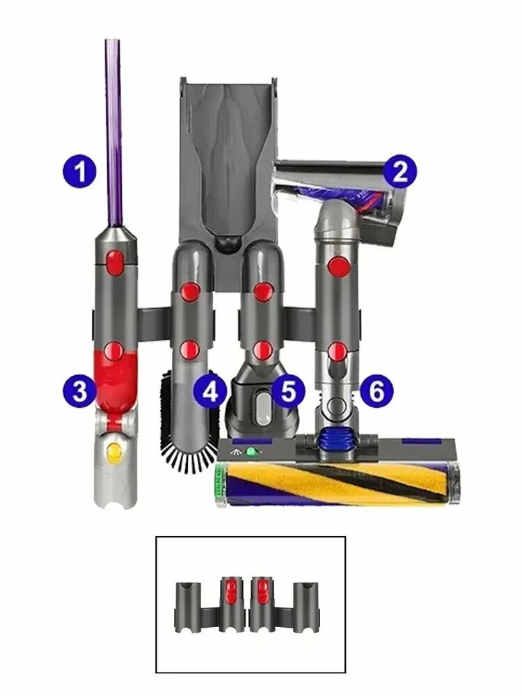 Держатель насадок и щеток настенный к пылесосам Dyson V7, V8, V10, V11, V15. Расширитель док станции на 6 насадок.