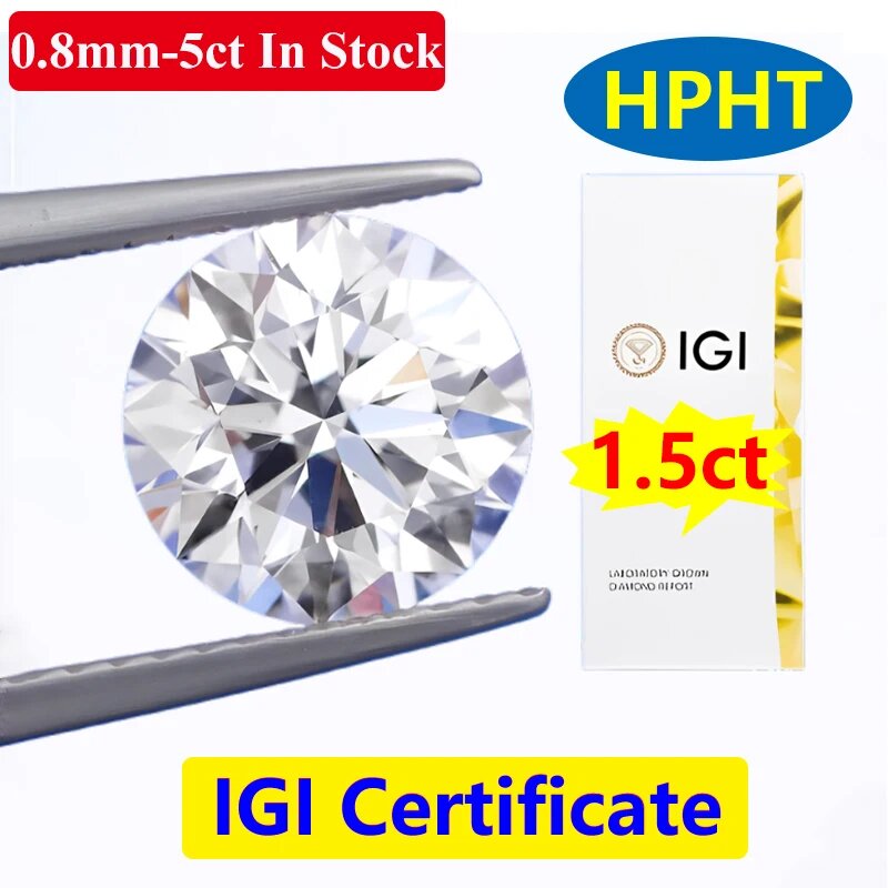 0,3-10 карат, полноцветная четкость HPHT CVD, круглый, выращенный в лаборатории бриллиант, свободный с сертификатом IGI, DEFG IF-VVS-SI Pass Test