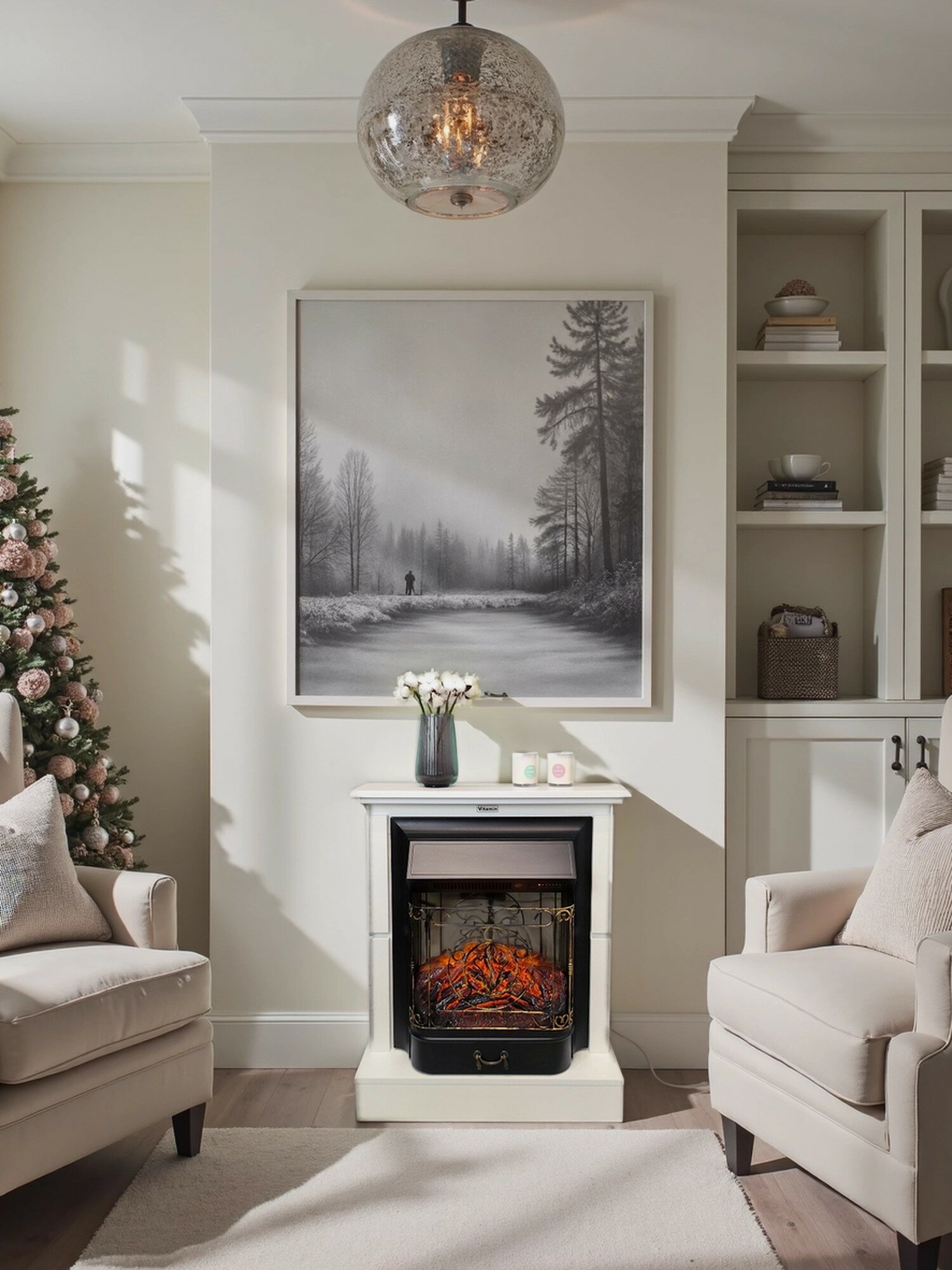 Камин электрический Majestic с белым порталом VITAMIN и пультом ДУ 67х26х79