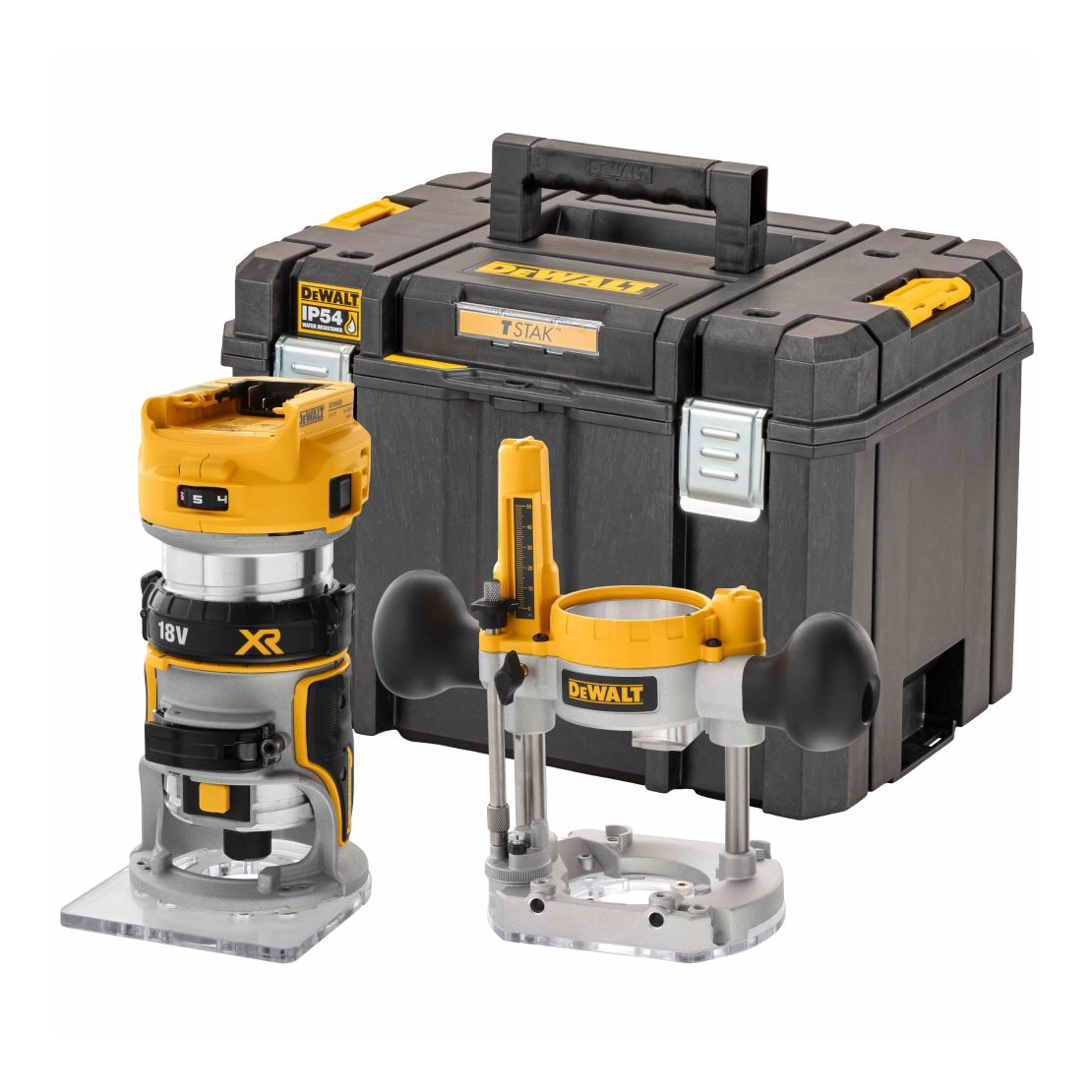 Фрезерная машина DeWalt DCW604NT, 930 Вт, 25500 об/мин, цанга 8 мм, рабочий ход 55 мм, желтый