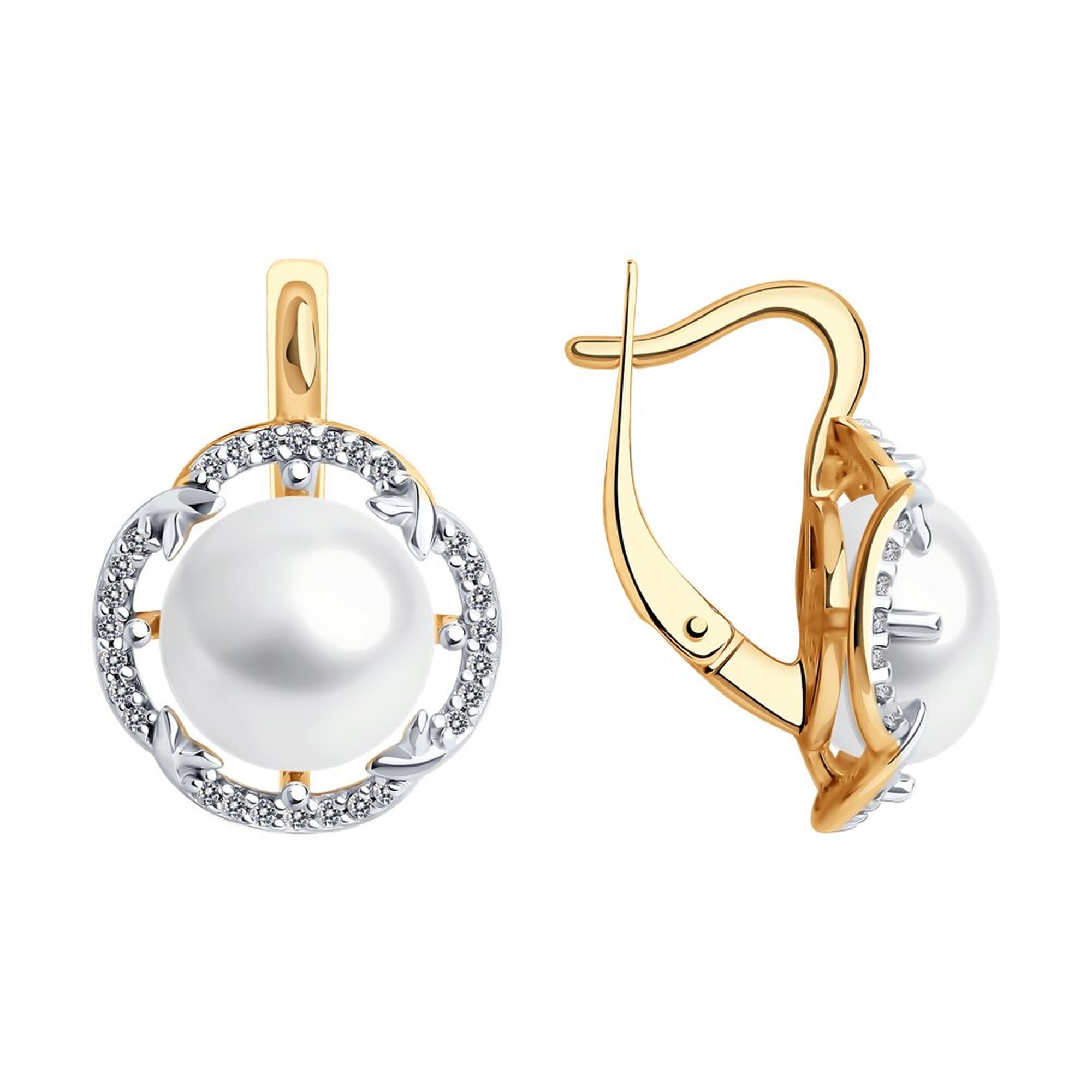Серьги, серебро, 925 проба, золочение, жемчуг, фианит