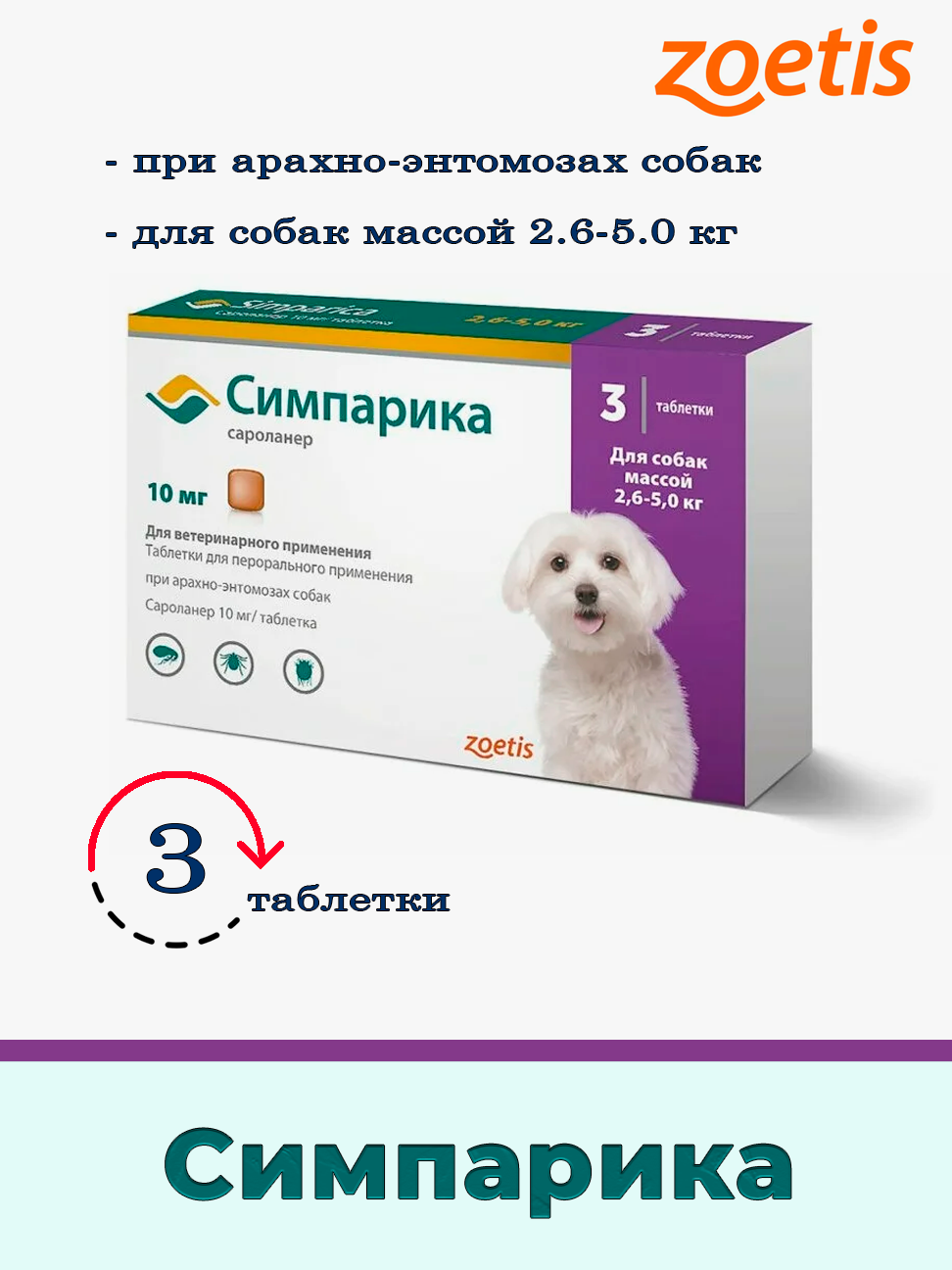 Zoetis таблетки от блох и клещей Симпарика для собак весом 2.6-5.0 кг, 10 мг 3 шт. в уп, 1 уп.
