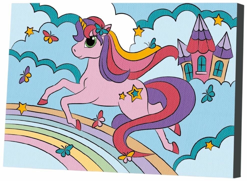Картина по номерам "Единорог на радуге" на холсте с подрамником, раскраска для детей, набор для творчества, живописи и рисования, в комплекте морозостойкие краски 10 цветов, 20х30 см
