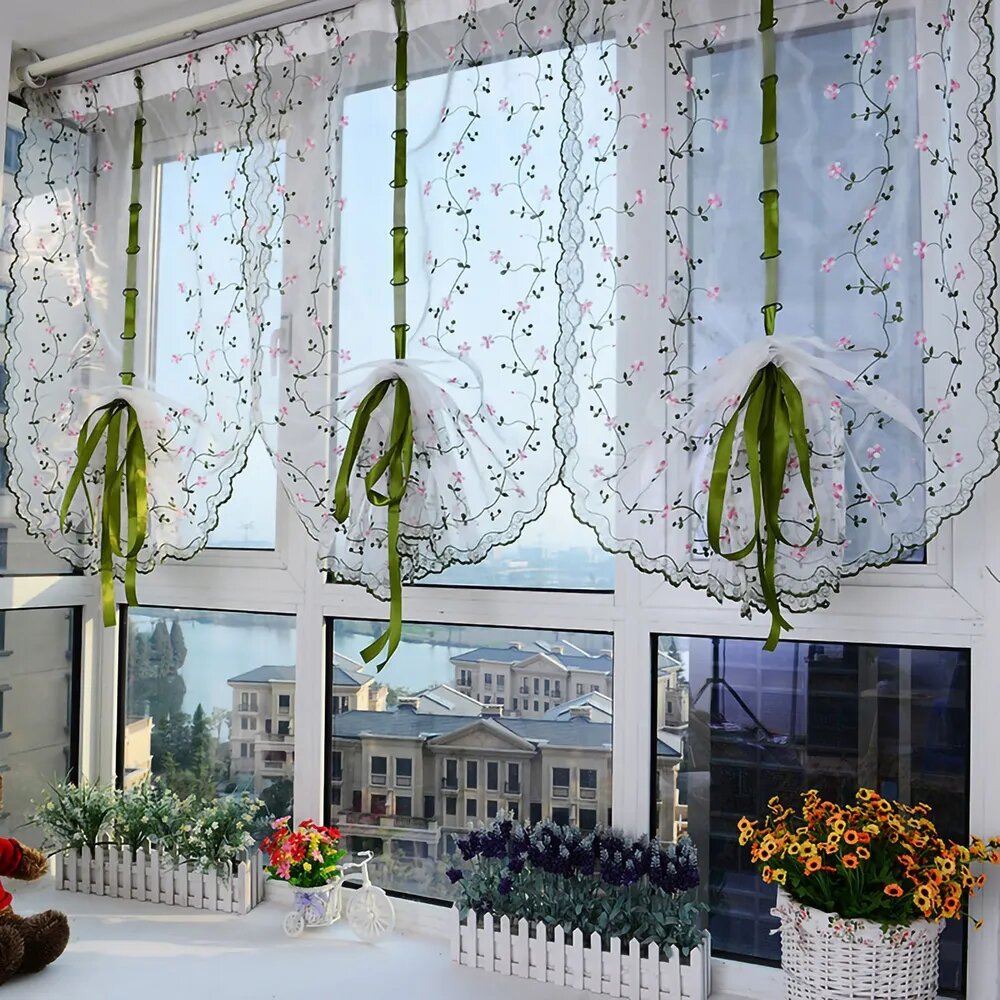 Белый тюль для кухни и балкона 80x150 см с цветочным рисунком