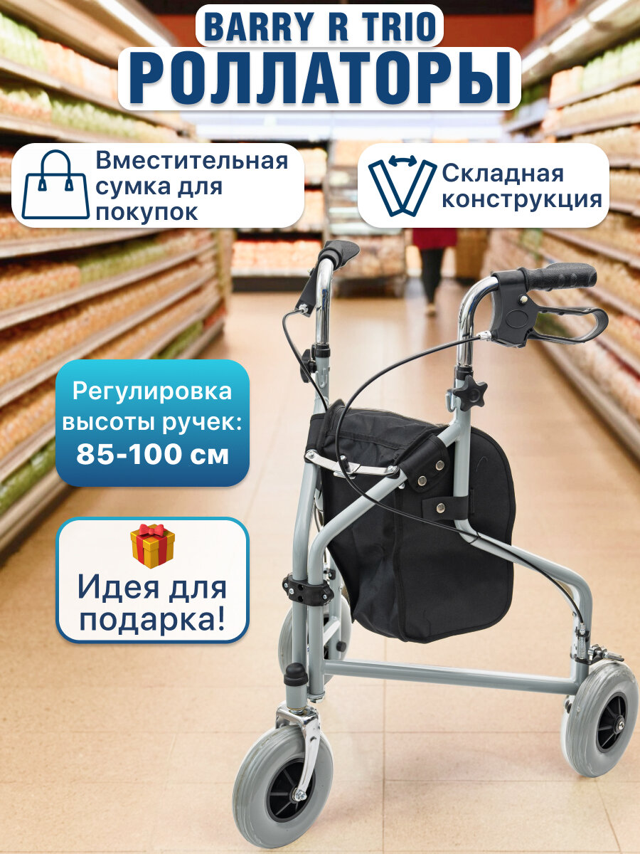 Роллаторы для пожилых и инвалидов складные, ходунки прогулочные с сумкой, нагрузка до 100 кг, BARRY R Trio