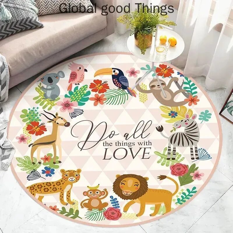 Детский коврик мешок для ползания малыша на пол "Фламинго", ковер в детскую комнату круглый развивающий игровой мягкий теплый для новорожденных младенцев 120 см