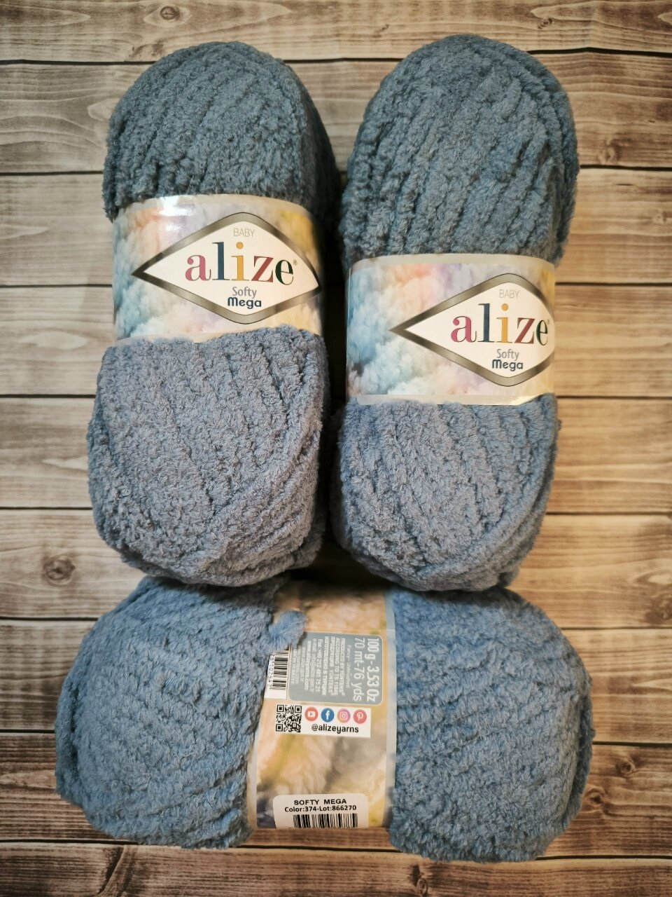 Пряжа Alize Softy Mega, цвет 374 синий меланж, набор 3 мотка, вес мотка 100 гр, длина нити 70 м (Ализе Софти Мега)