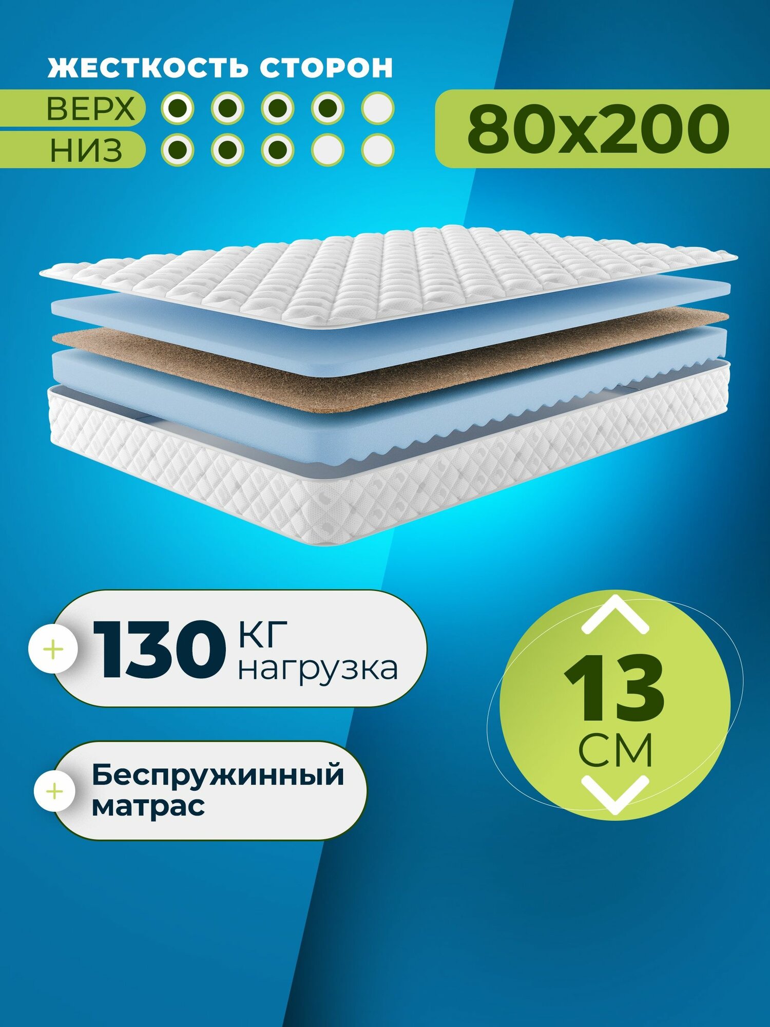 Матрас с кокосом 80х200, Безмятежный сон, ортопедический двусторонний с разной жесткостью, с анатомической пеной, нагрузка 130 кг, для кровати 80*200*13 см односпальный
