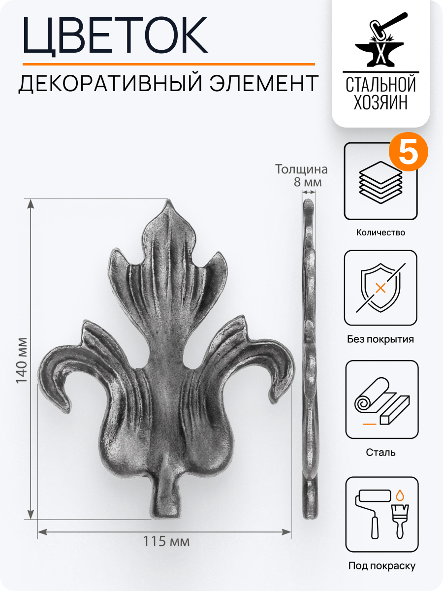 5 шт Кованый элемент Лист стальной. Размеры 140х115 мм. Толщина 4 мм