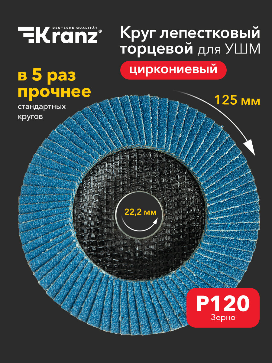Круг лепестковый торцевой, циркониевый, P120, 125х22,2мм INOX KRANZ
