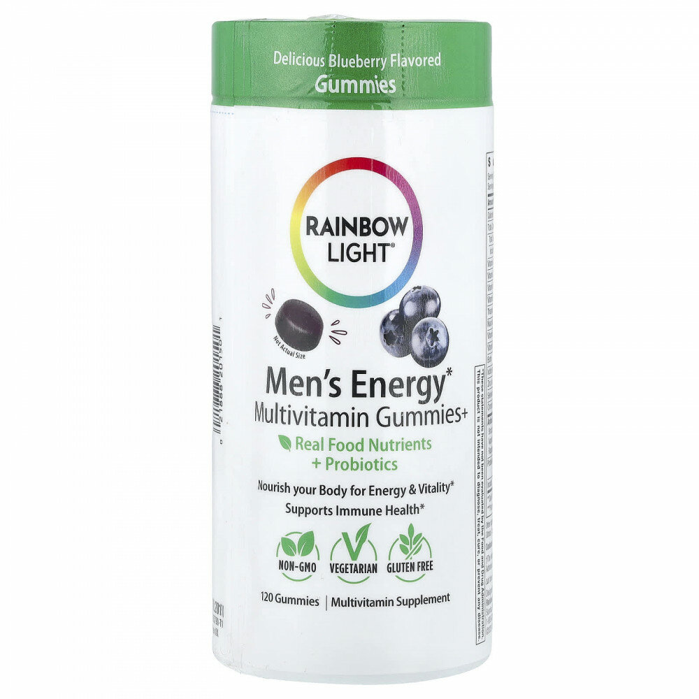 Rainbow Light, жевательные мультивитамины для повышения уровня энергии для мужчин, со вкусом голубики, 120 жевательных таблеток