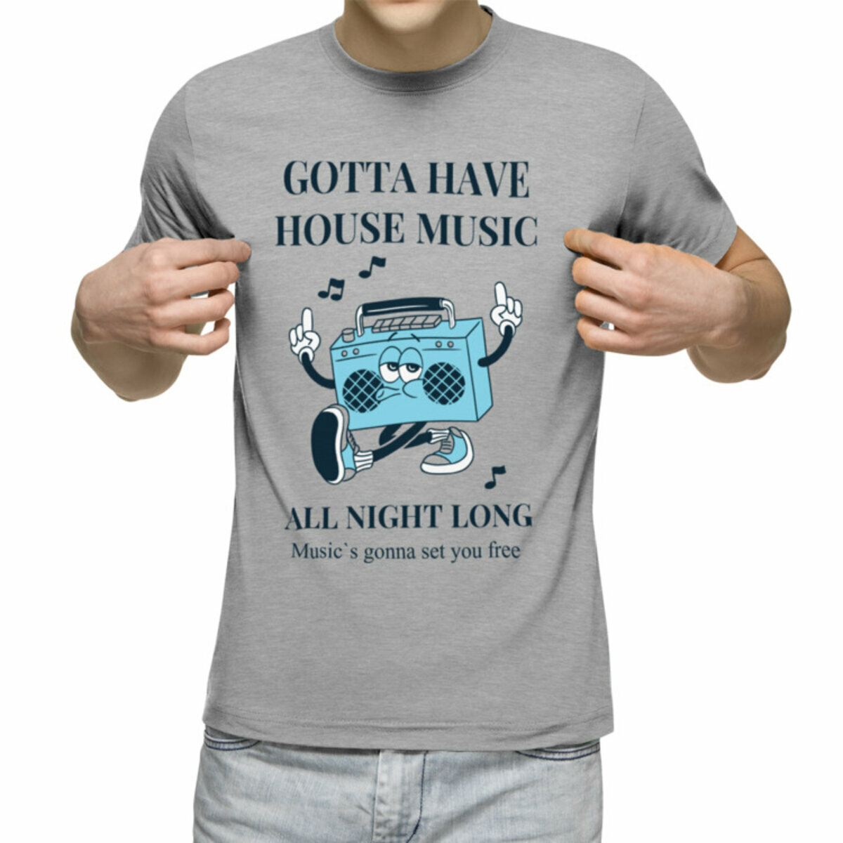 Мужская футболка «Хаус музыка. Магнитофон. Прикол» (серый меланж, L)