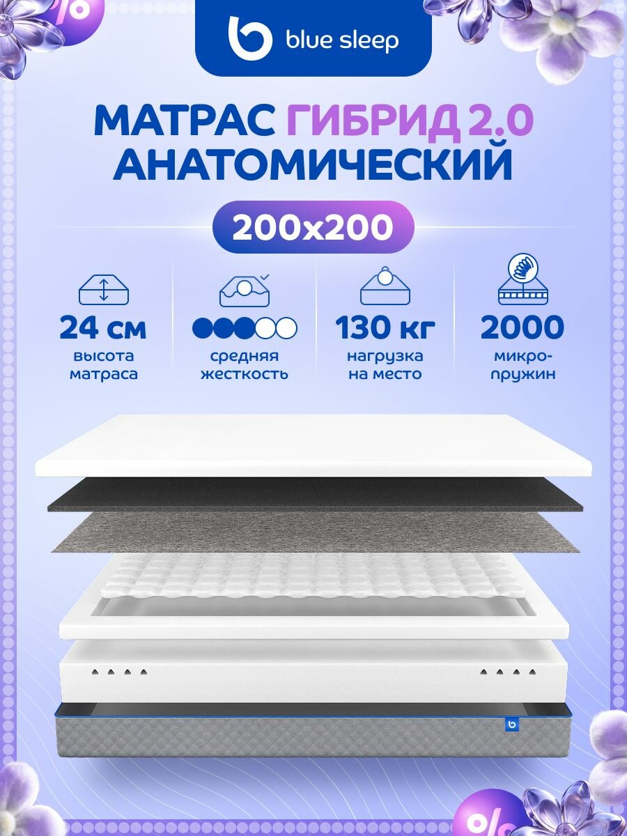 Blue Sleep Матрас 200х200 ортопедический пружинный двуспальный Гибрид 2.0