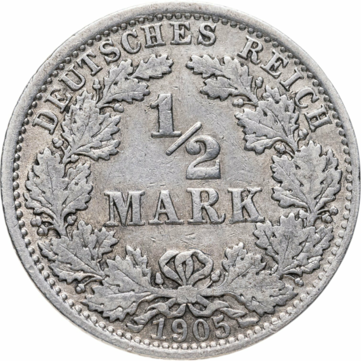 Германия 1/2 марки 1905 "A", Серебро 900, в сохранности VF