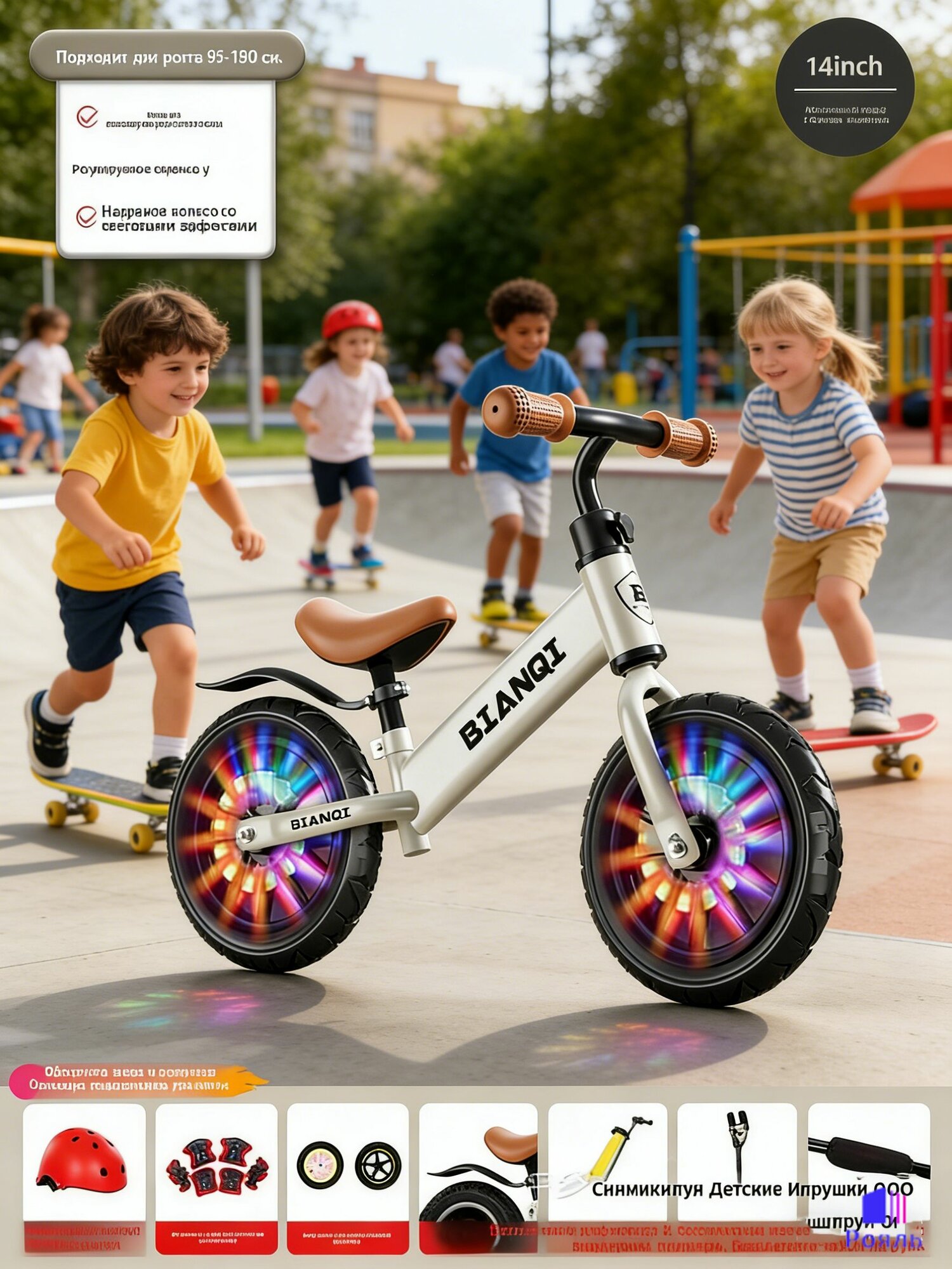 Детский беговел (велобег) без педалей, 14 дюймов, для роста 95-130 см, стальная рама, с подсветкой колес, от 2 до 8 лет
