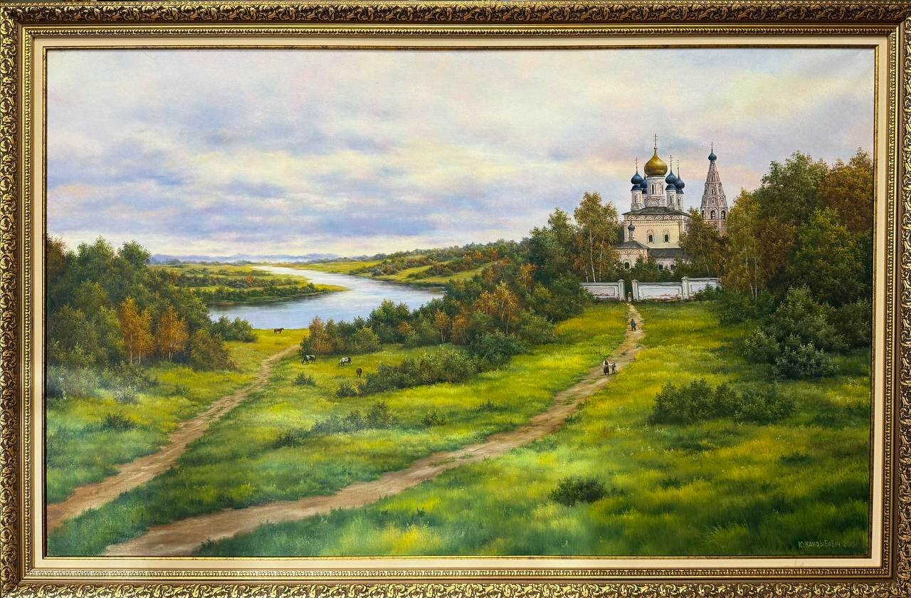 Картина маслом, летний пейзаж "Дорога к храму". Холст/Масло, 2015. Размер 80х130. Автор Кандыбович Ю.