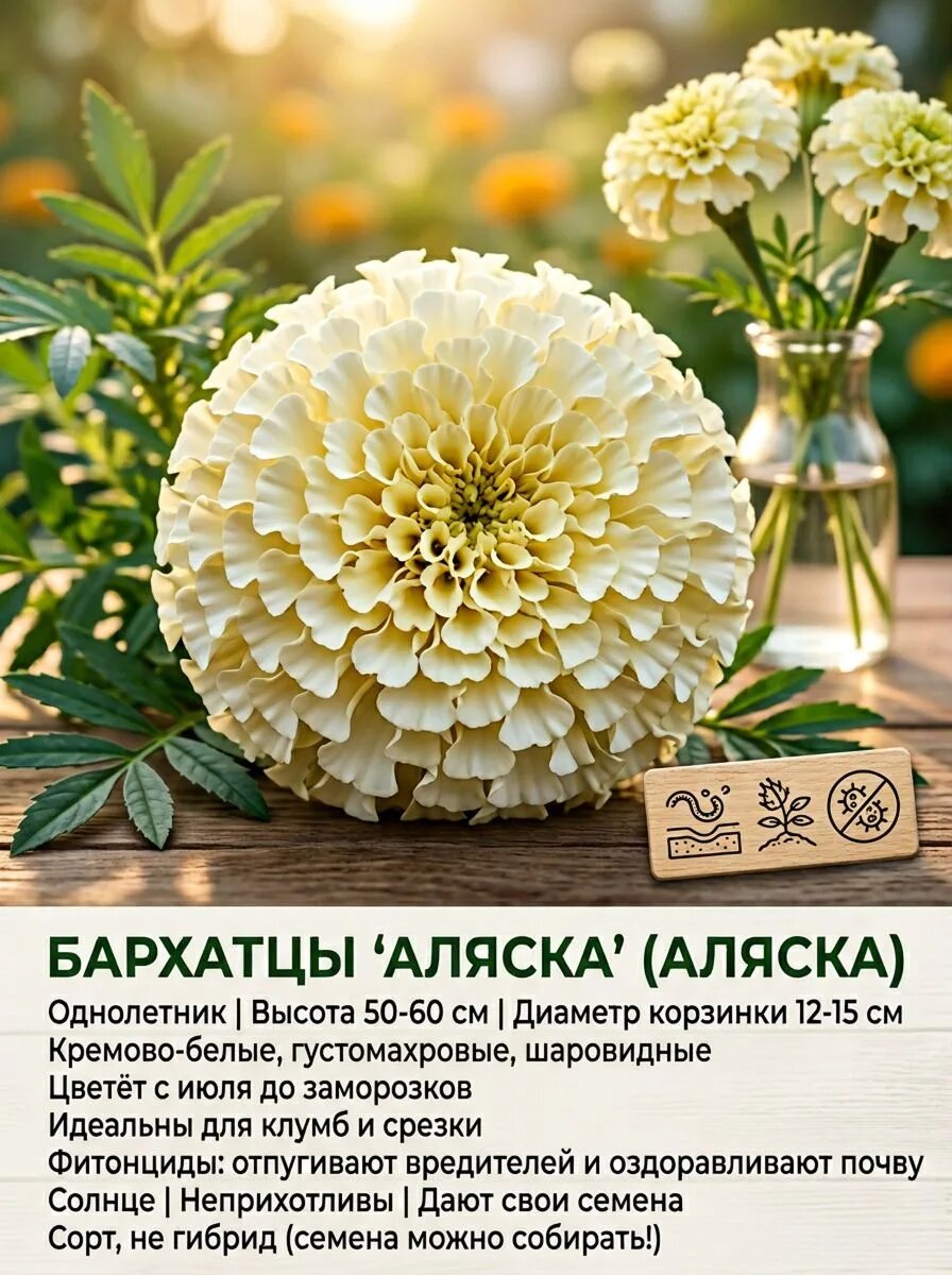 Семена бархатцы прямостоячие Аляска (0,2 г) белоснежные шары 50-60 см, для клумб и срезки.