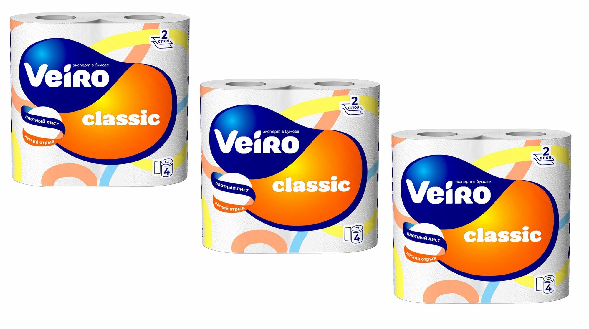 Бумага туалетная Veiro Classic Белая 4шт 2сл, 3упаковки