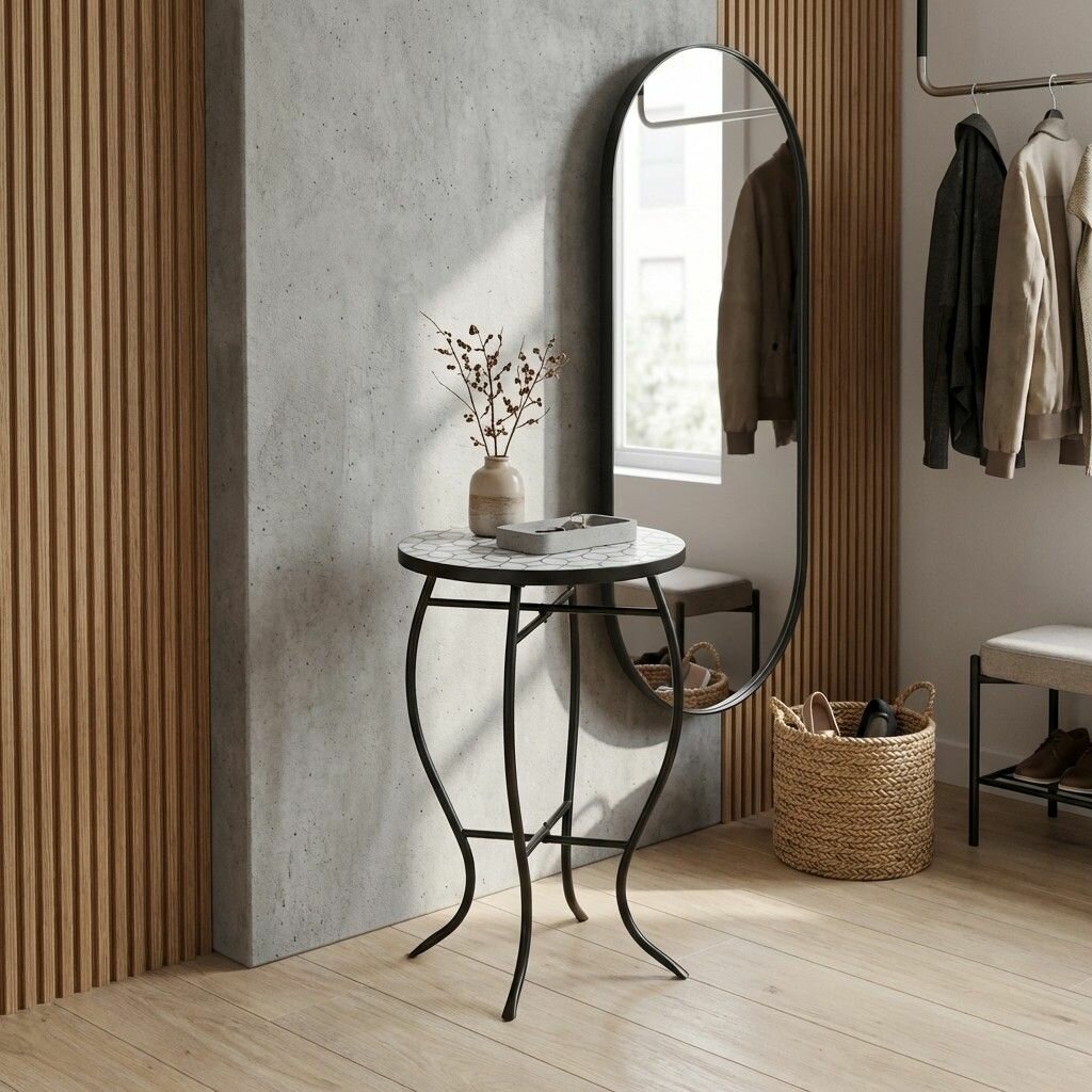Стол садовый круглый металлический TetChair Дижон, белая мозаика/черный металл