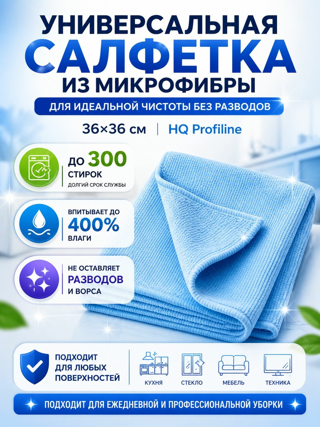 Салфетка универсальная микроволоконная, HQ profiline, 36х36 см, синяя