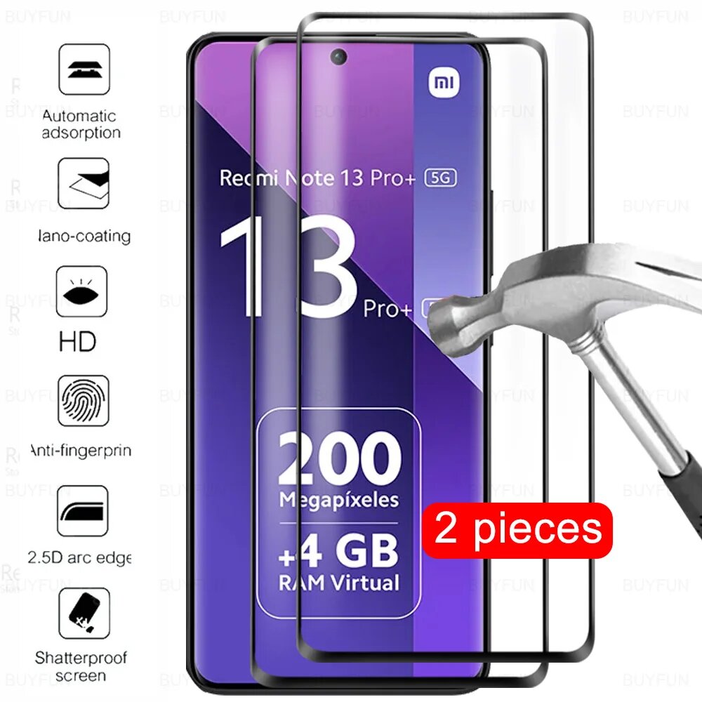 2 шт. изогнутое закаленное стекло для Xiaomi Redmi Note 13 Pro + Защитная пленка для экрана Redmi Note 13 Pro Plus 5G