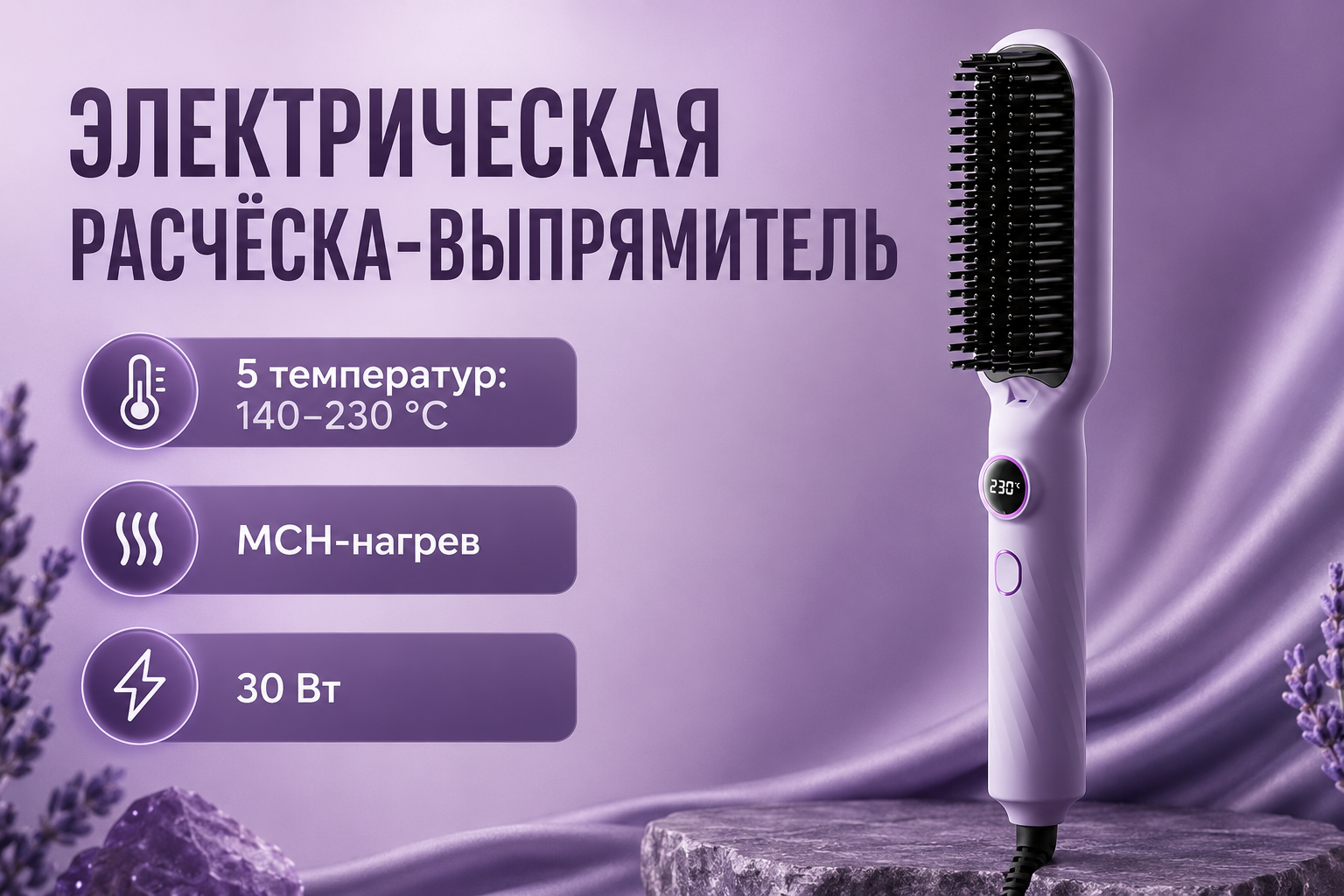 Электрическая расчёска-выпрямитель для укладки, 5 температур 140–230 °C, 30 Вт