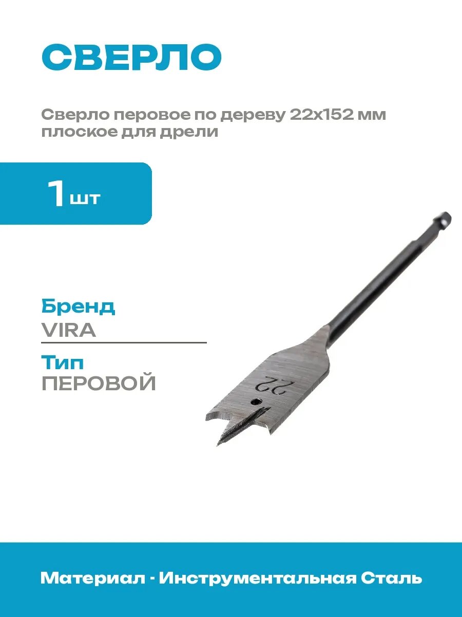Сверло перьевое 22 мм по дереву шестигранный хвостовик