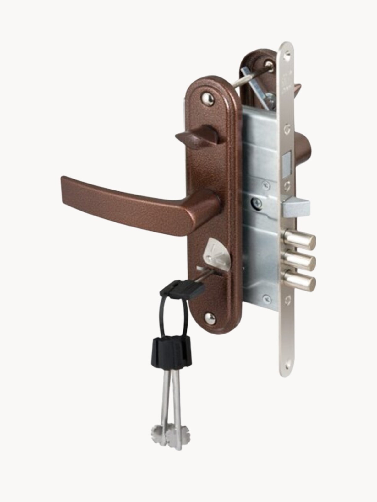 Замок врезной сувальдный с защёлкой в компл с ручкой Сам ЗВ9-8.3/13(КЛП5-85)прав (медн ант), 3 кл/88010/