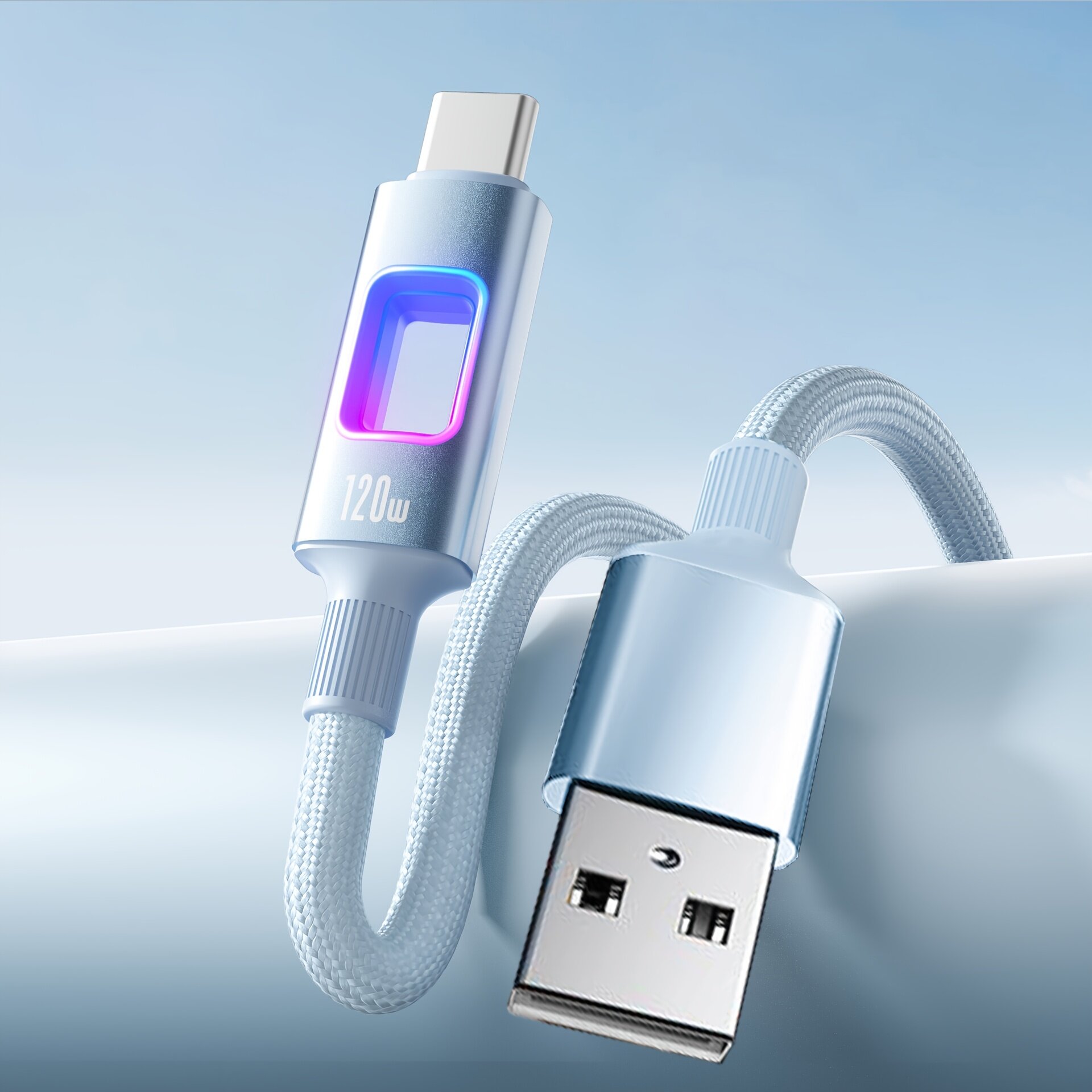 Кабель для быстрой зарядки телефона с плетеной оплеткой и RGB-индикатором, многоцветная подсветка, дизайн с перфорацией, синий, 1.5 м