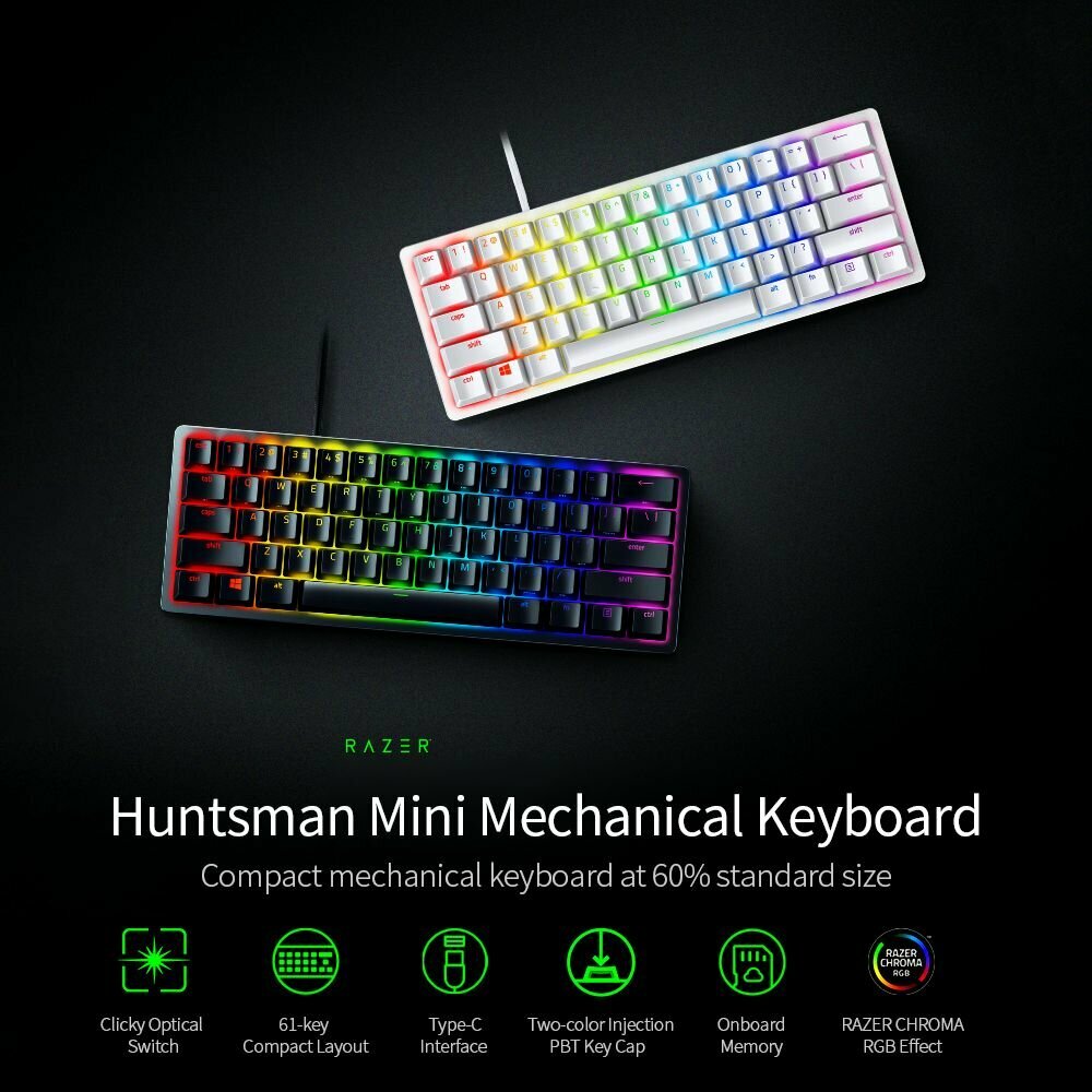 Razer Huntsman Mini, 61 клавиша, механическая, щелкающий оптический переключатель, черный, RGB