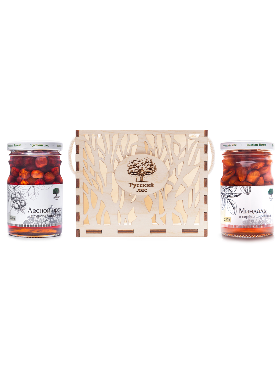 Миндаль и лесной орех в сиропе шиповника в подарочной эко-коробке "Русский лес"