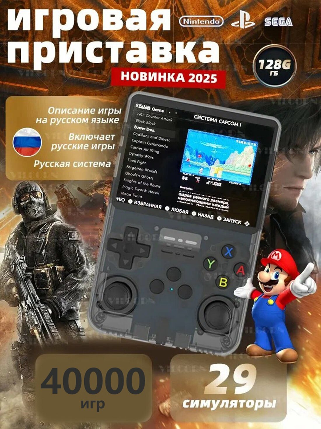 Портативная игровая консоль R36S Pro (128GB) улучшенная версия с 40000+ игр! Поддержка PSP, HDMI, 3.5" экран