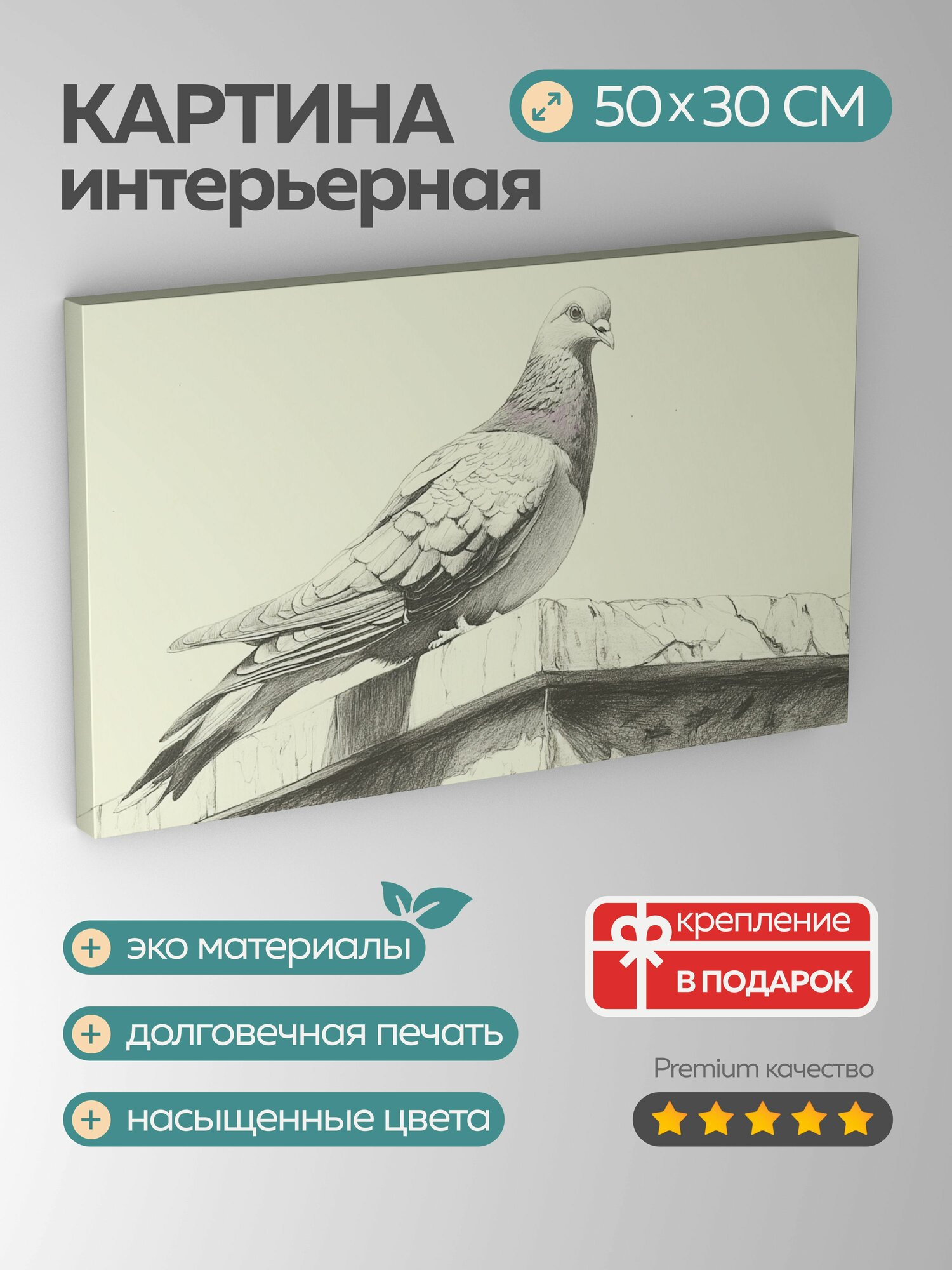 Картина на холсте интерьерная 50х30 см, голубь, карандашный набросок, крыша, солнце, архитектурные текстуры