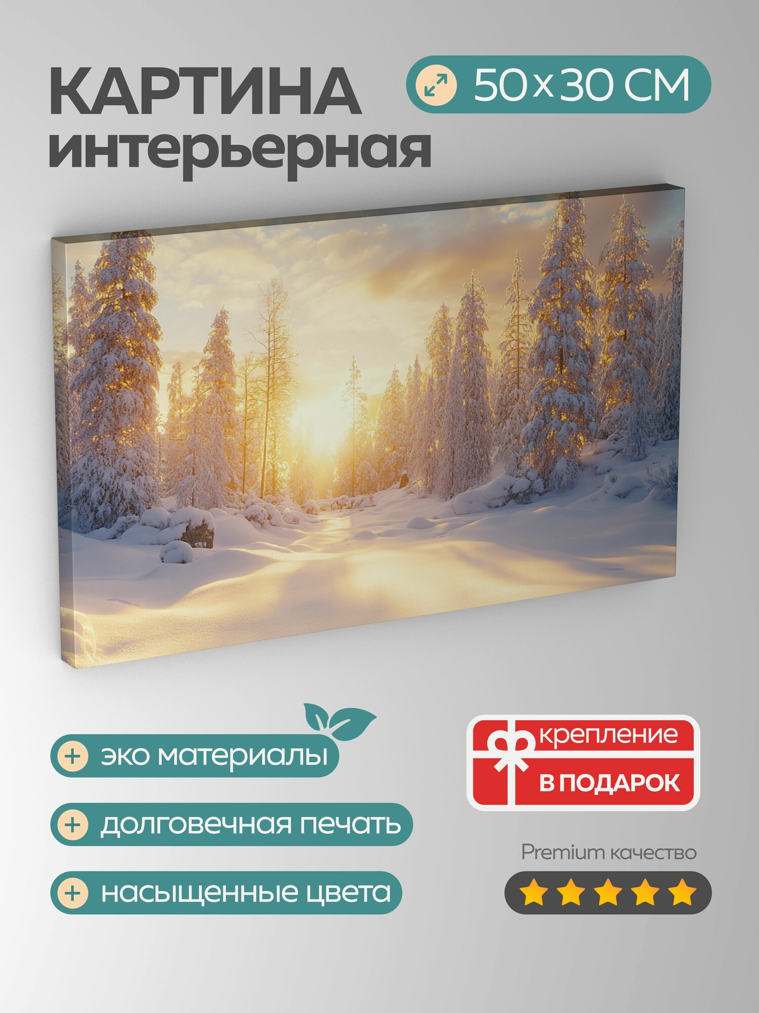 Картина на холсте интерьерная 50х30 см, сосновый лес, заснеженный, восход солнца, золотистый свет, сияние