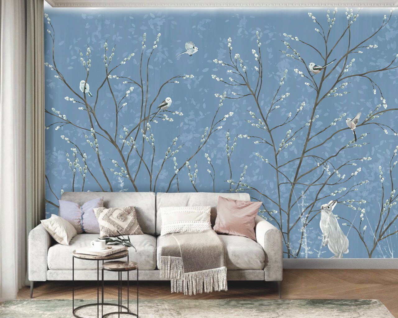 Обои бесшовные "Весенний день" серо-голубой (ширина 3100мм х длина 2500мм)