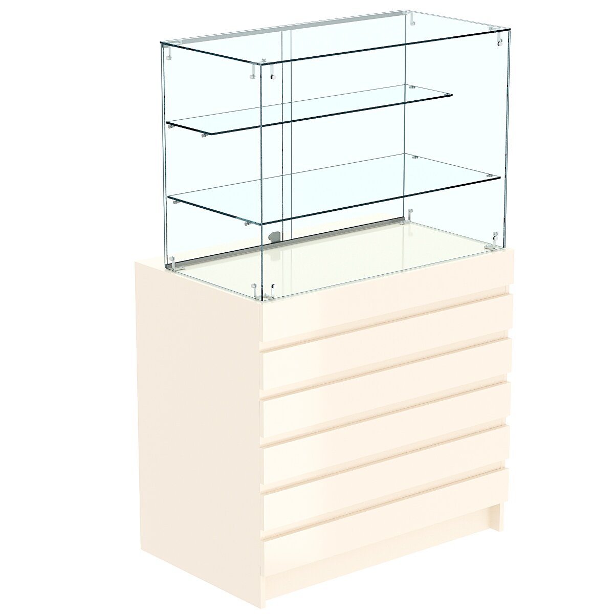 Торговый прилавок с двумя стеклянными полками и фасадными панелями №1Э-02, Крем Вайс