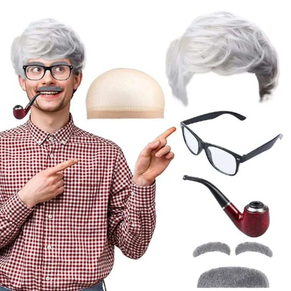Костюм старика, седой парик, усы, очки, трубка, Set