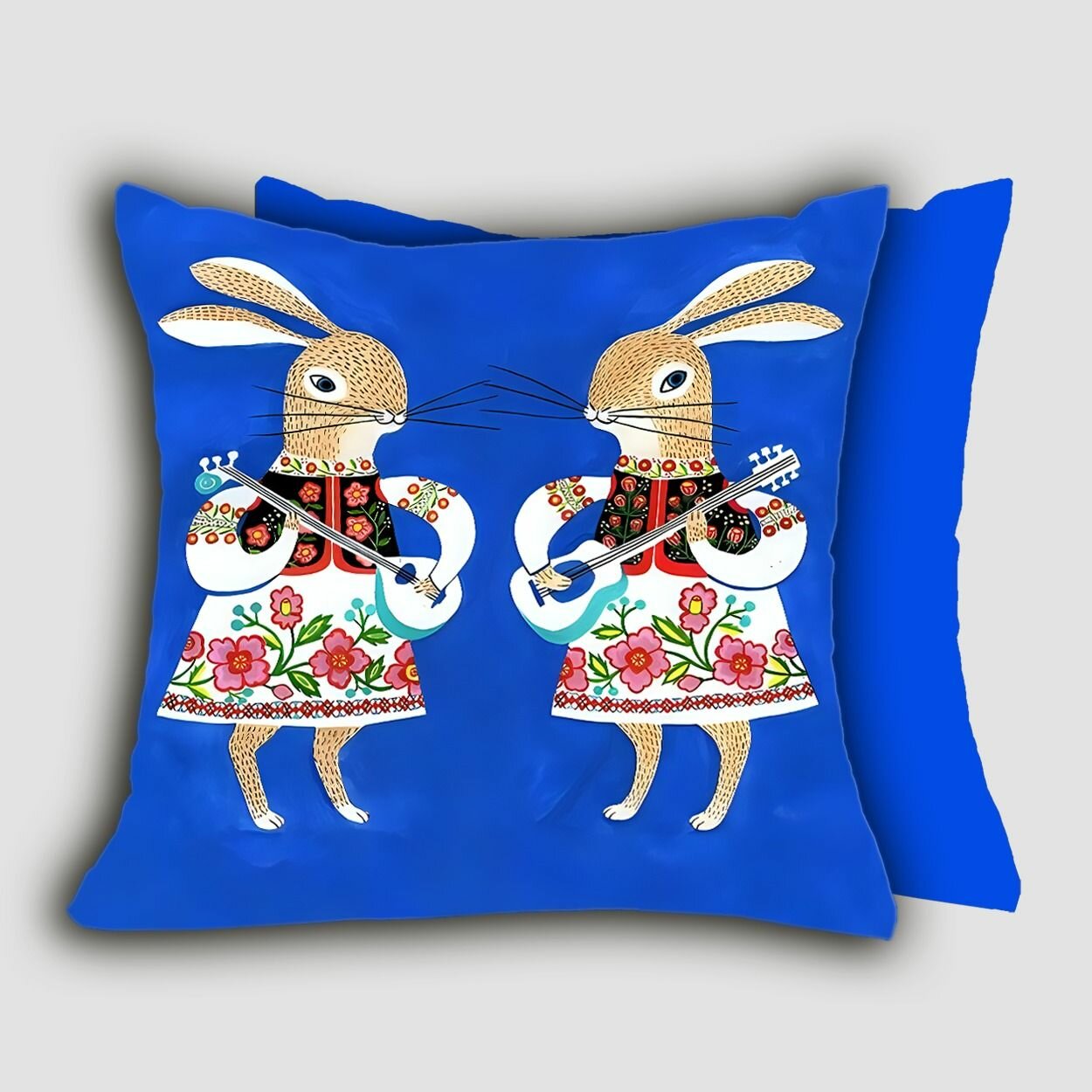 Подушка декоративная Зайки в русском стиле 45х45 велюр рисунок с двух сторон