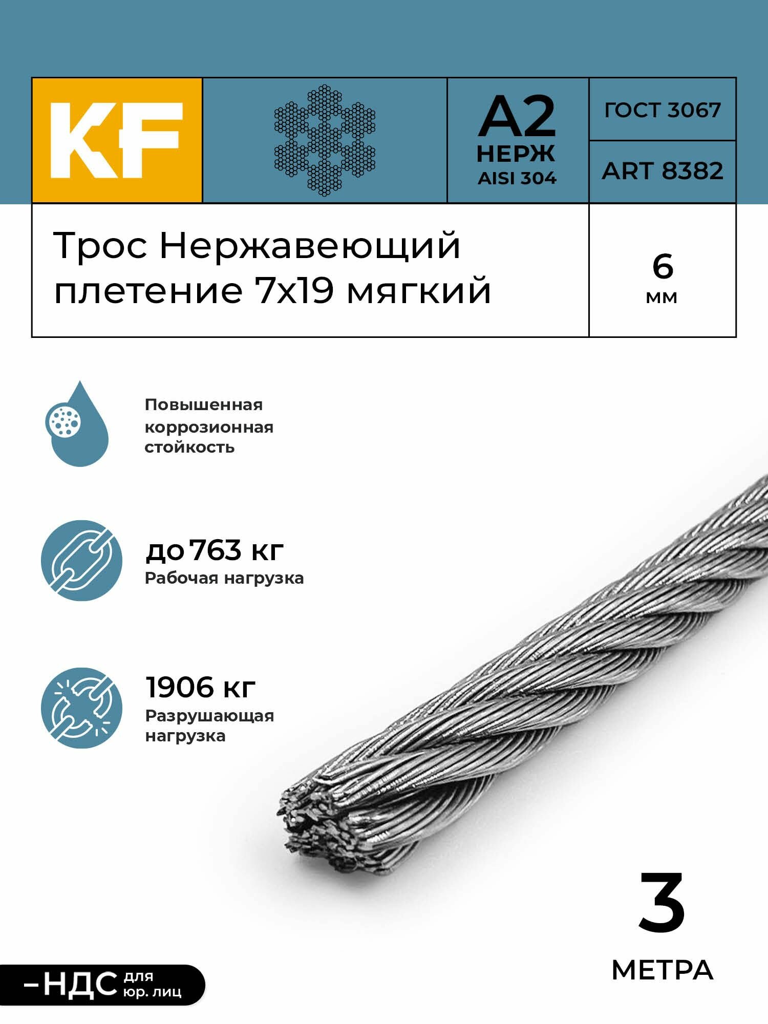 Трос нержавеющий 6 мм сталь А2 плетение 7х19 мягкий 3 метра