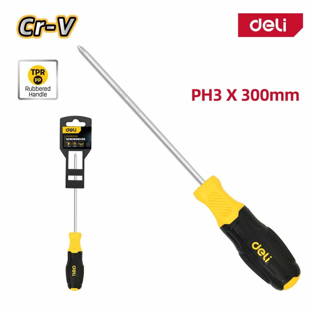 Крестовая отвертка PH3x300мм Deli DL638300N сталь Cr-V, двухкомпонентная прорезиненная рукоять